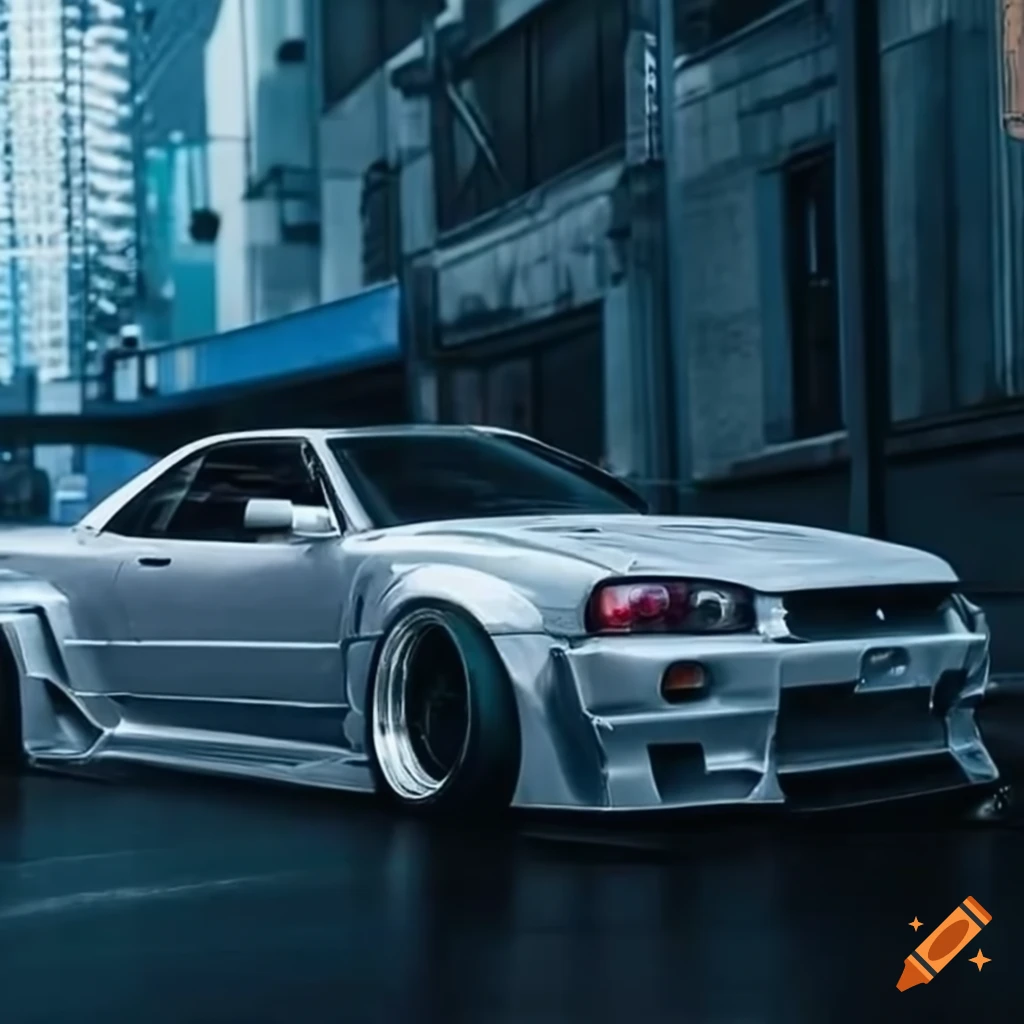 Nissan Skyline R34 GTR on Japanese streets with wide body kit on Craiyon