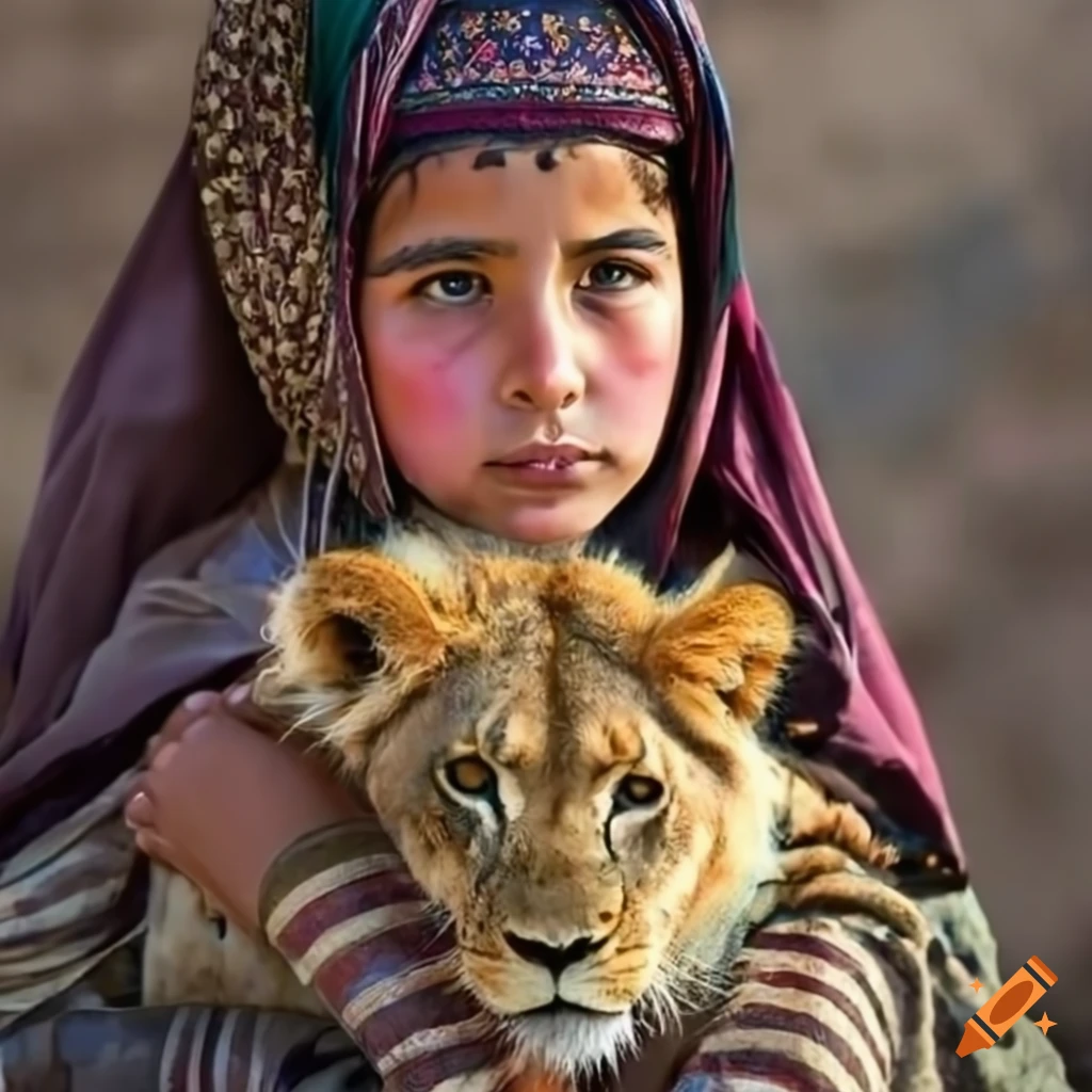 Hazara girl in hijab with a lion in the mountains of Afghanistan on Craiyon