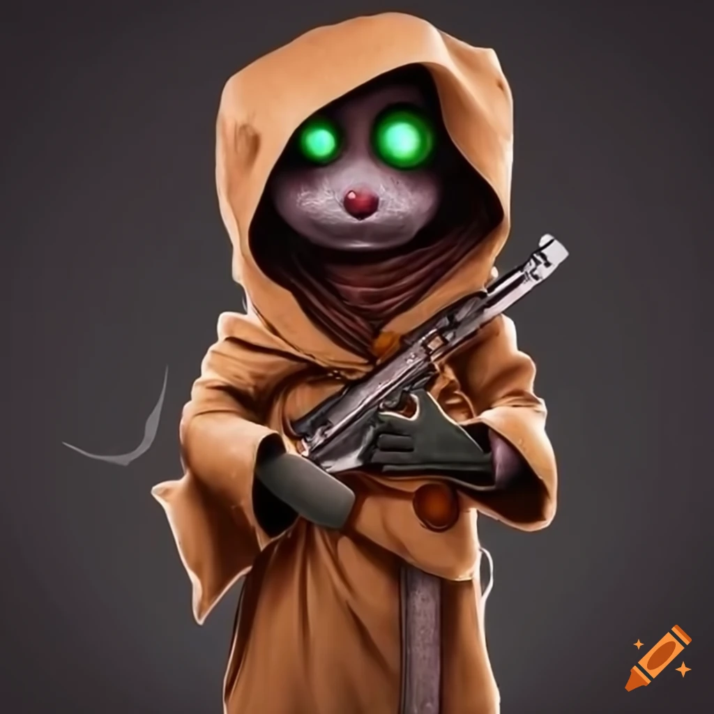 Humorous rat character as a jawa with fake gun on Craiyon