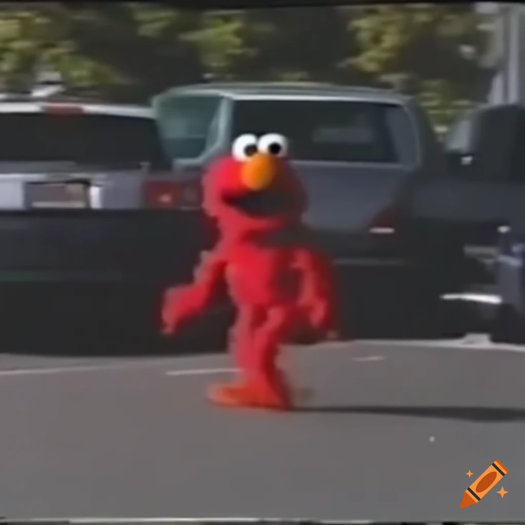 Retro vhs footage of elmo chasing around a parking lot on Craiyon