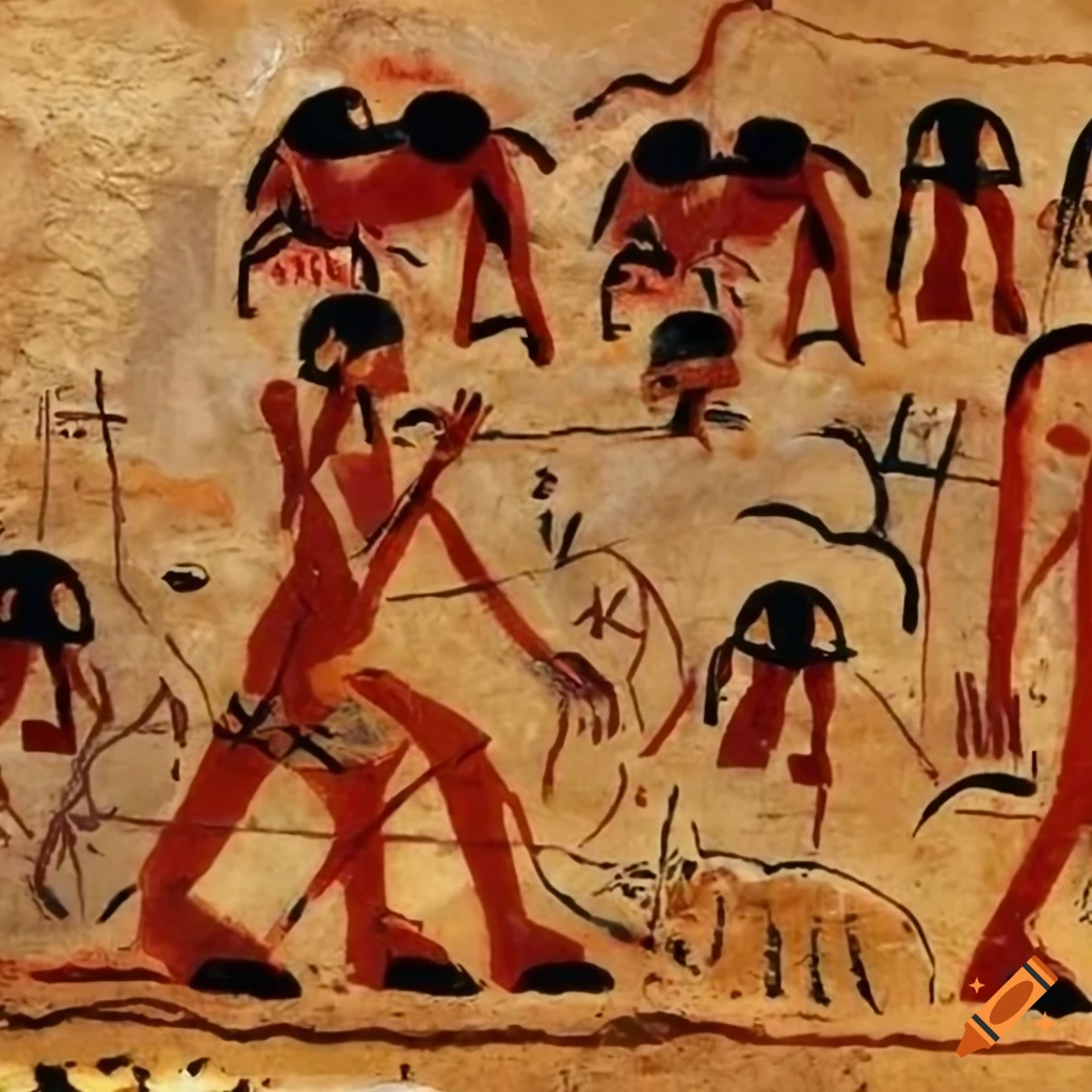 Cave paintings depicting hunting scenes and ancient scrolls from ...