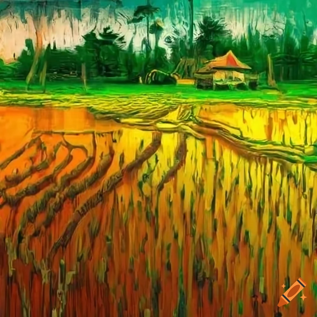 Van Gogh-style artwork of an Asian rice paddy with vivid colors and ...