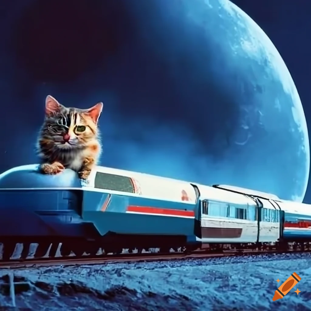 70s sci fi bullet train driven by a cat headed to the moon on Craiyon