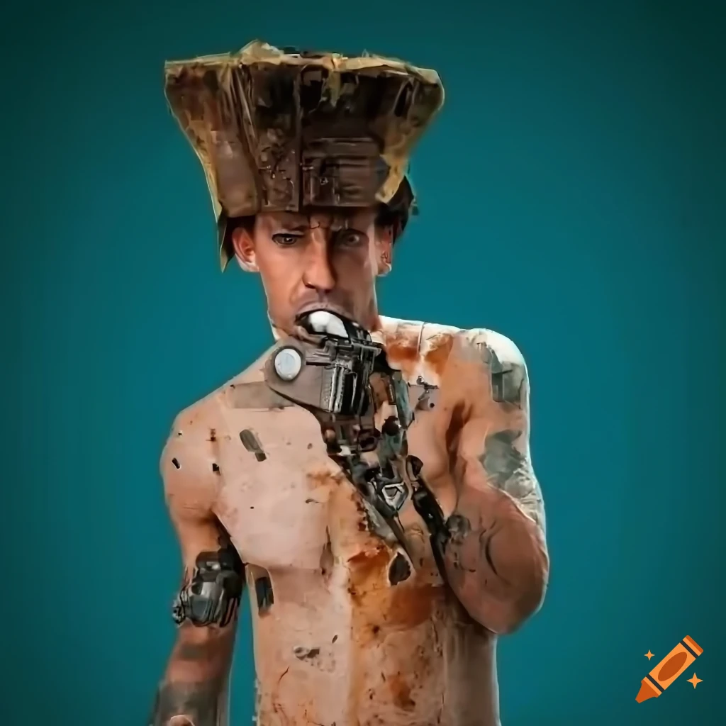 PhotoRealistic image of a damaged French male cyborg in a futuristic ...