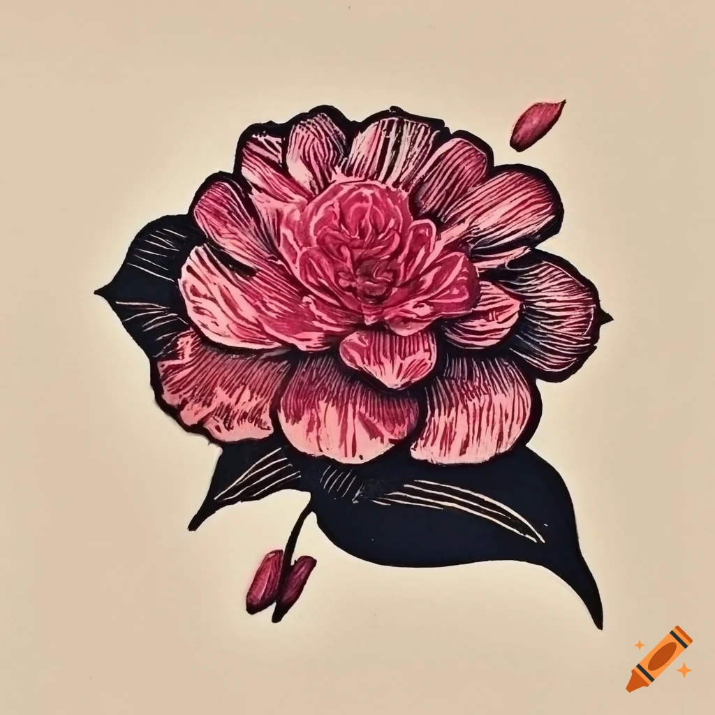 Camellia flower in woodcut style with three colors on Craiyon