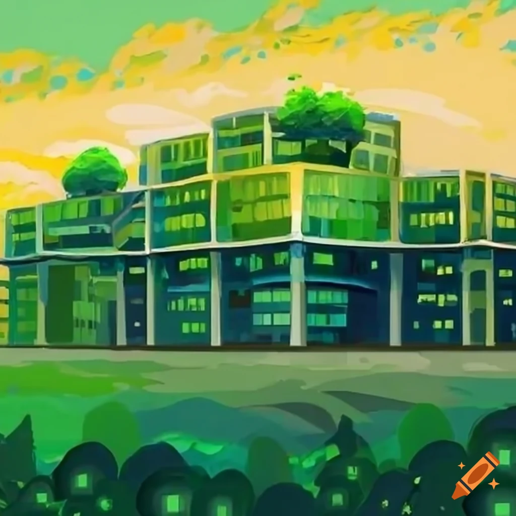 Innovative green building with solar panels and lush vegetation on Craiyon