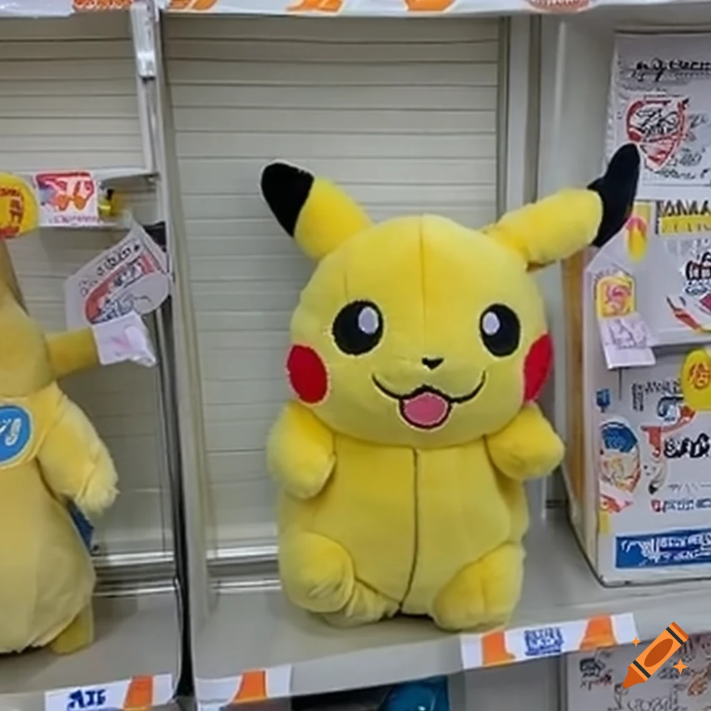 Shelf in a store full of pikachu plushies on Craiyon
