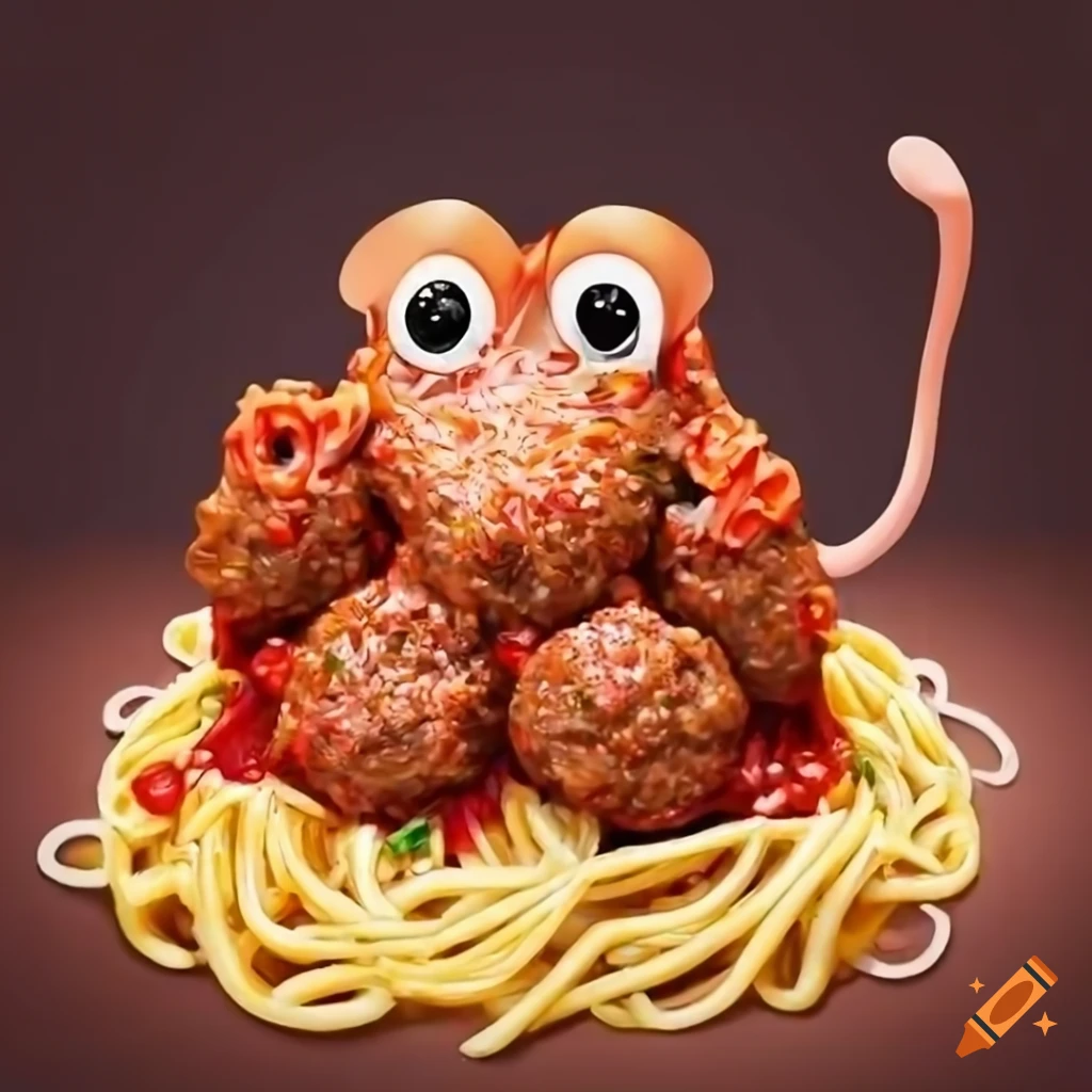 Scared storybook pasta mouse with body made of spaghetti and meatballs ...