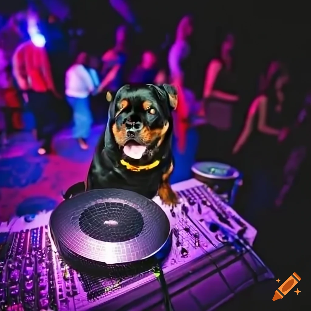 Rottweiler dj dog mixing music at disco party on Craiyon