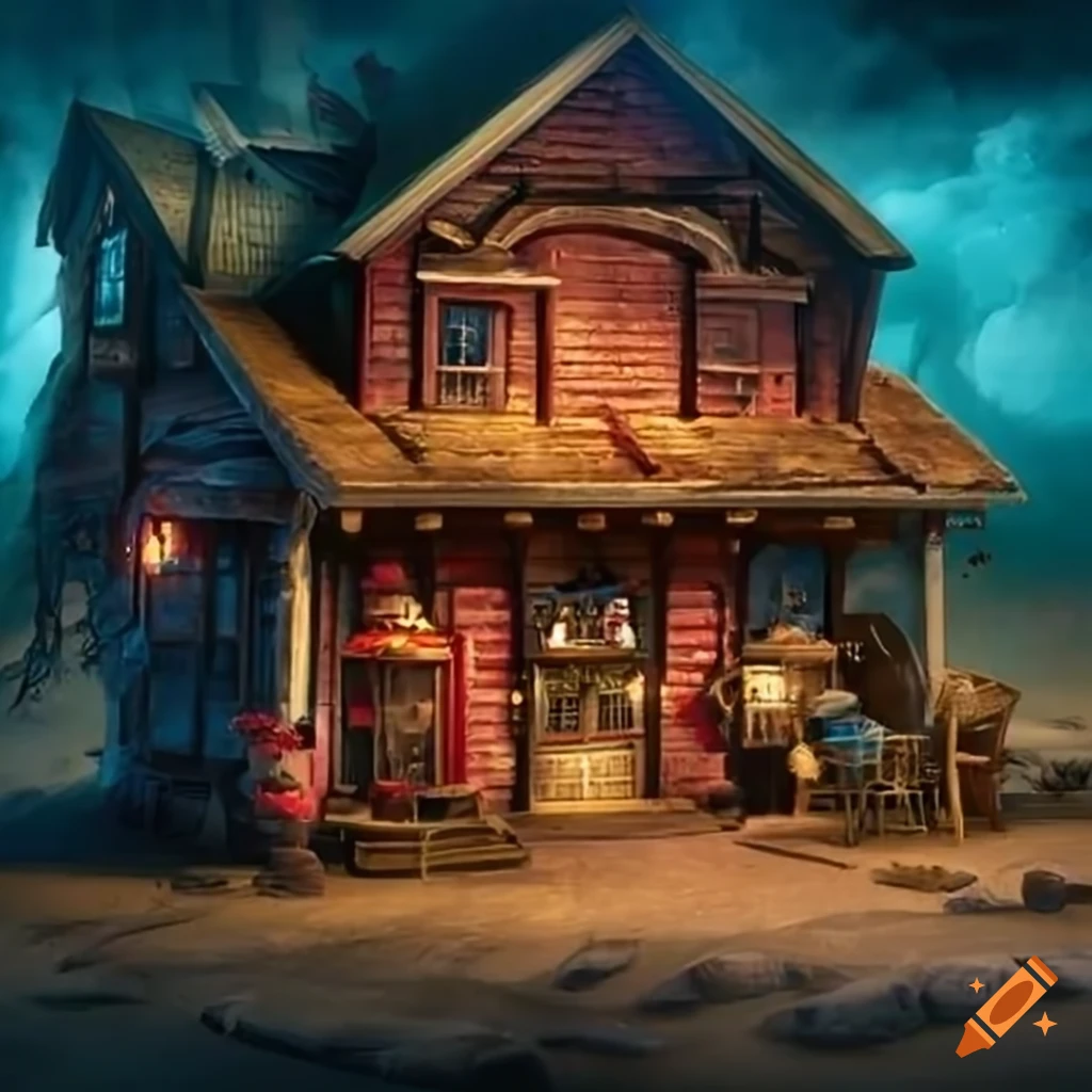 Fantasy general store with shingle siding on Craiyon