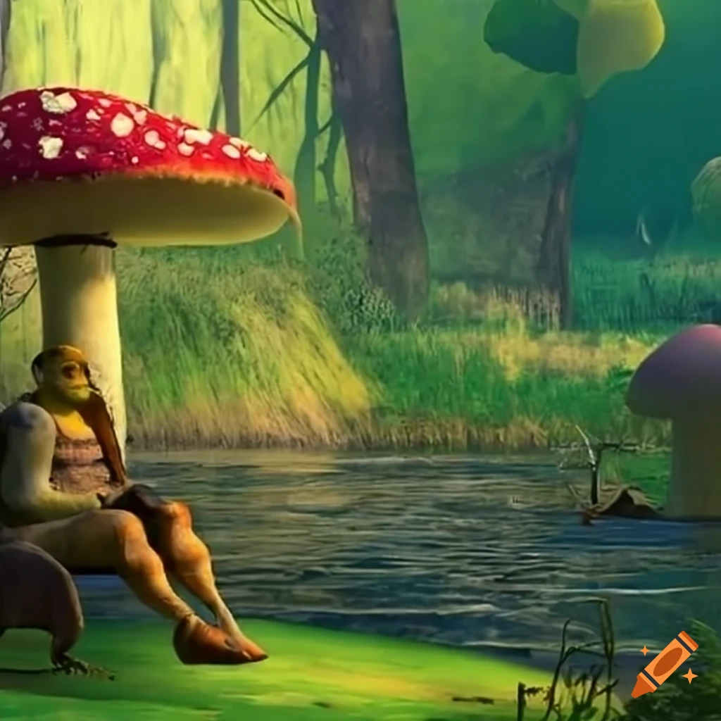 Shrek fishing near a giant mushroom in a lush setting on Craiyon