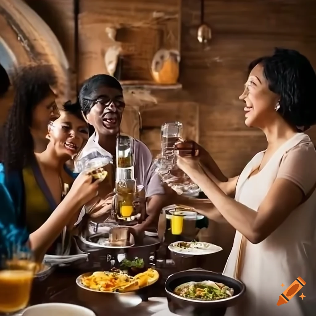 Multicultural family gathering at an innovative restaurant with herbal ...