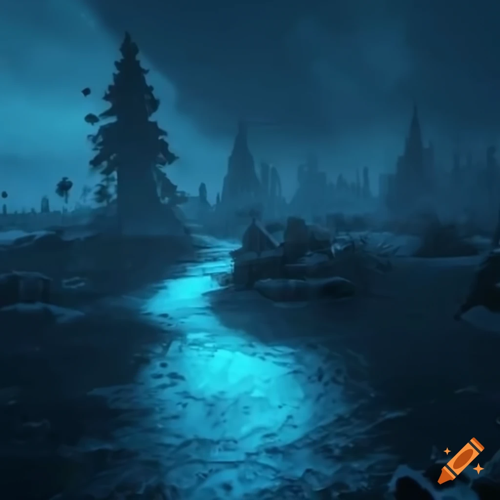 Cold, sad, lonely town with blue tint after nuclear fallout on Craiyon