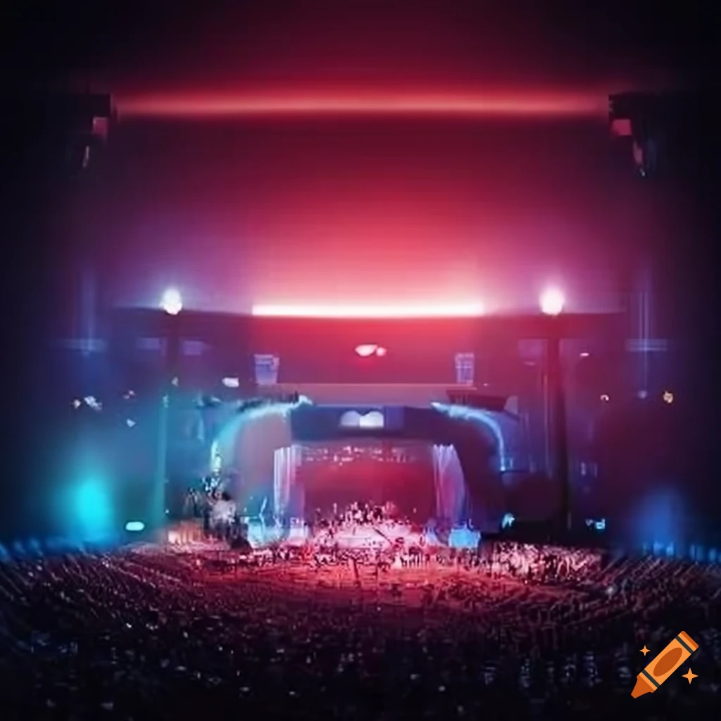 Concert arena setup with flight-cases and technicians on Craiyon