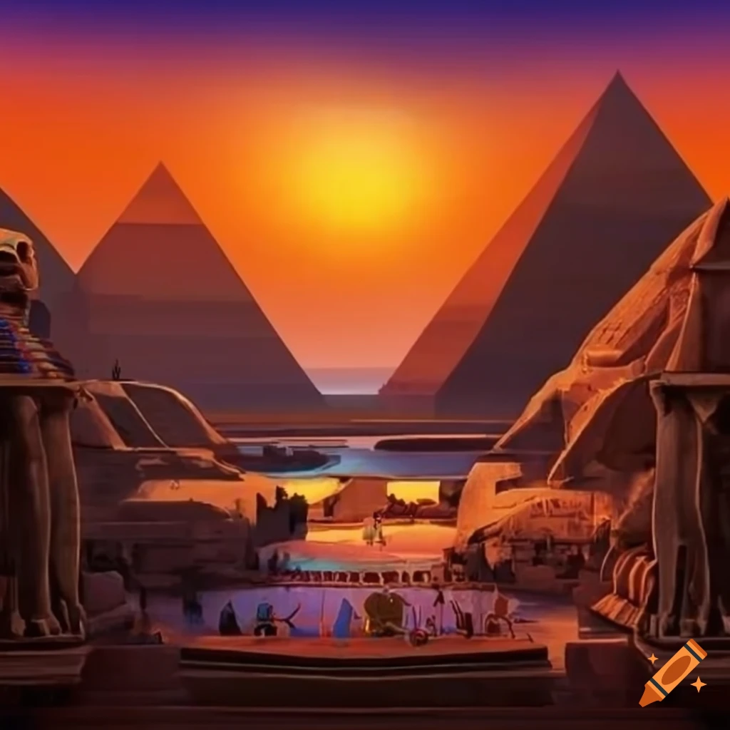 Grand scene in ancient egypt with king tut and pharaoh ramses ii overlooking the nile river at ...