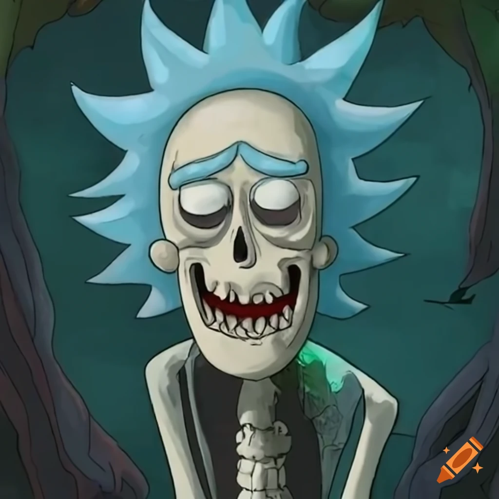 Skeleton of Rick Sanchez from Rick and Morty sitting upright in a ...