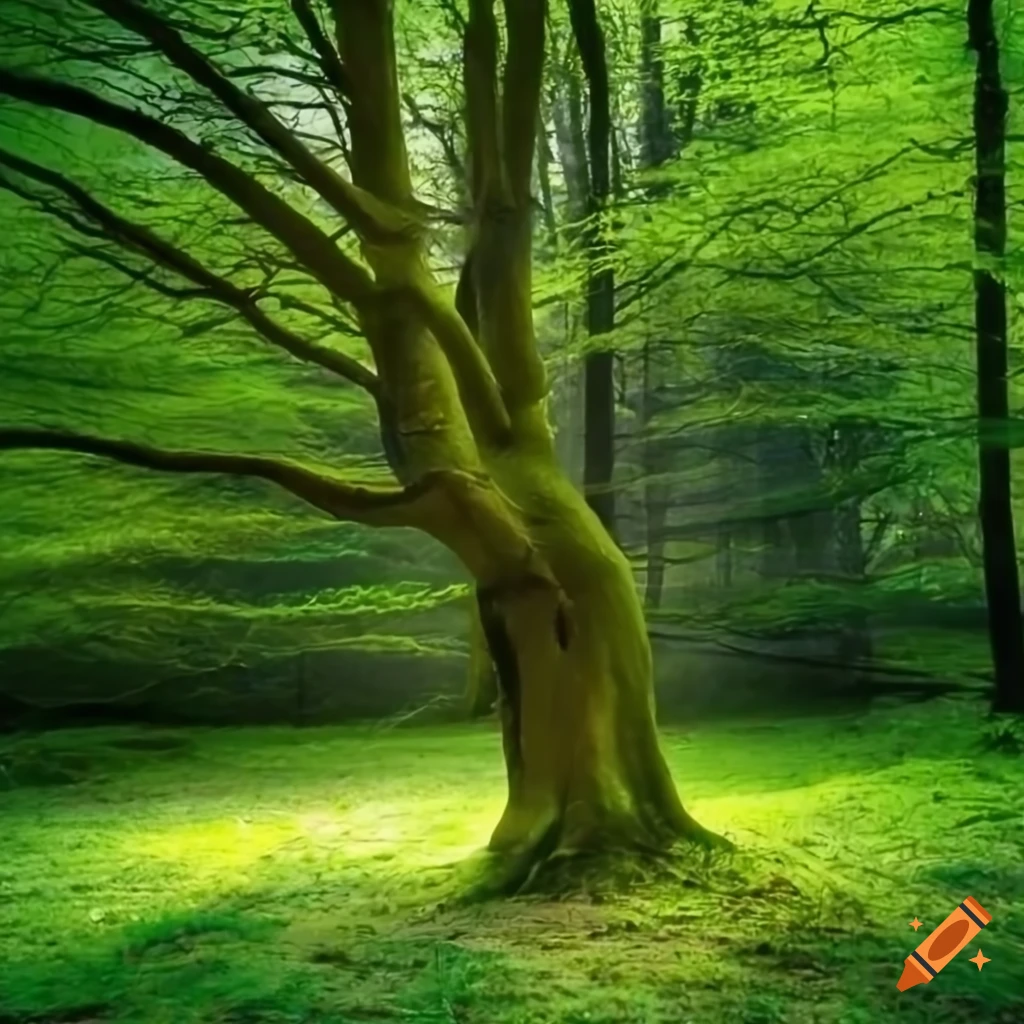 Sick beech tree in a vibrant green forest on Craiyon