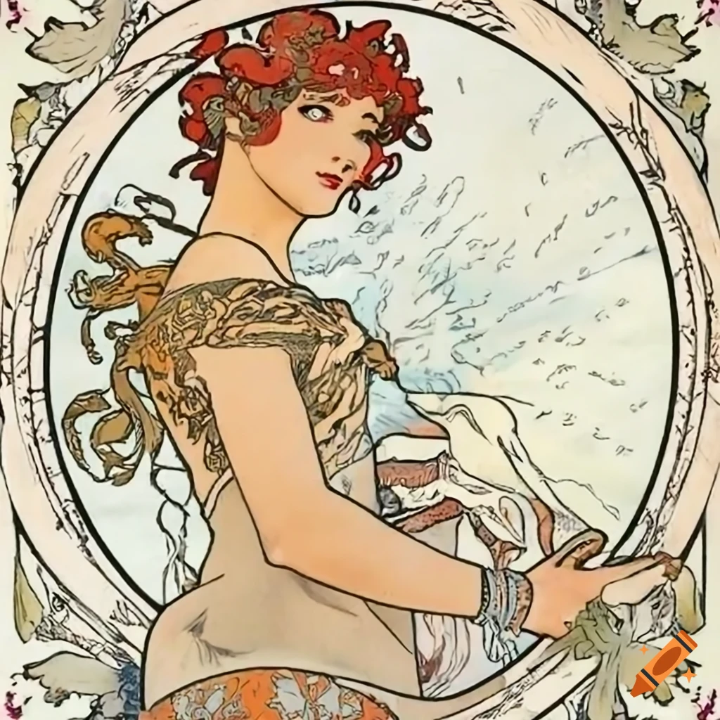 Vintage 1970s shoujo manga combined with alphonse mucha style portrait ...