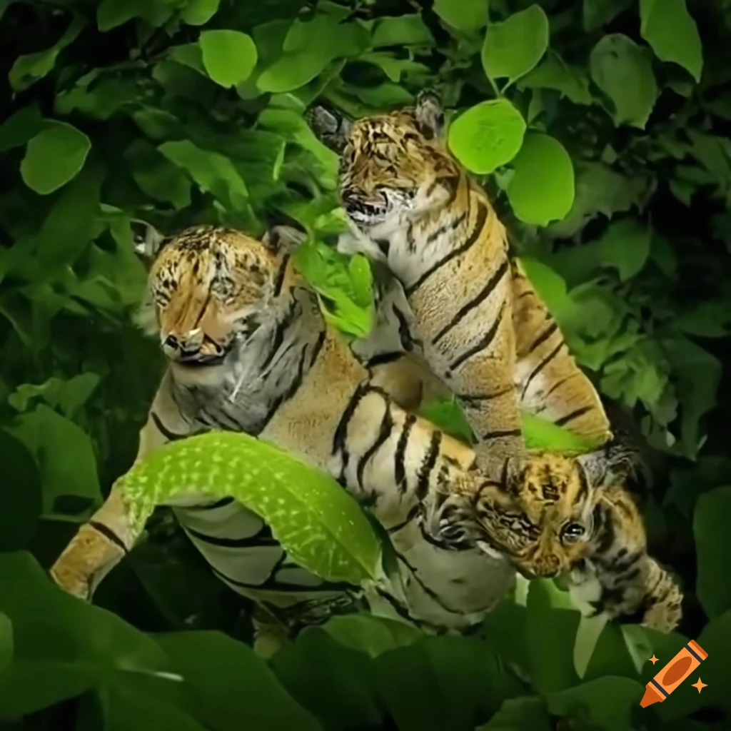 Endangered tigers and cubs playing in lush green jungle on Craiyon