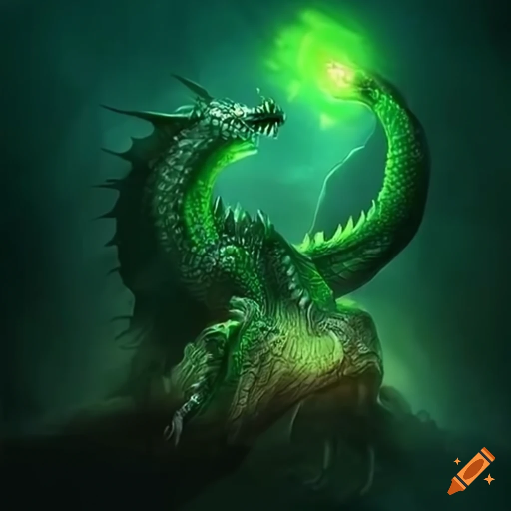 Fantasy mutant dragon glowing with green nuclear aura on Craiyon