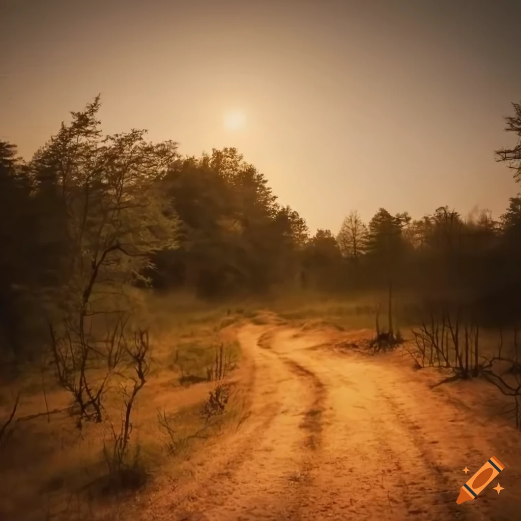 Trail through arid green field with forest at sunset on Craiyon