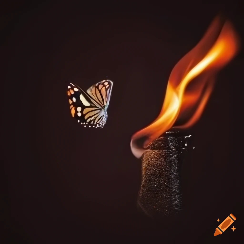 Butterfly burning in flame with streak of light in dark setting on Craiyon