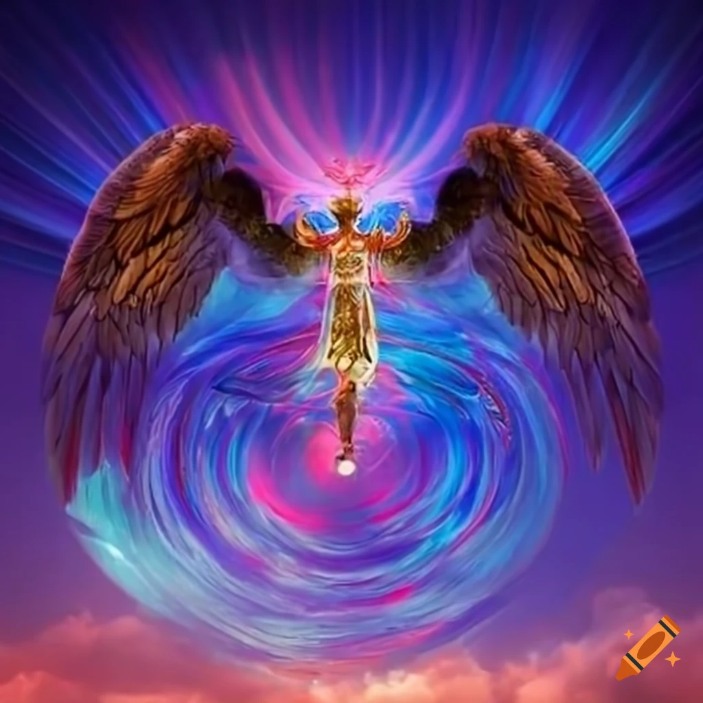 Archangel with four wings soaring in the sky on Craiyon