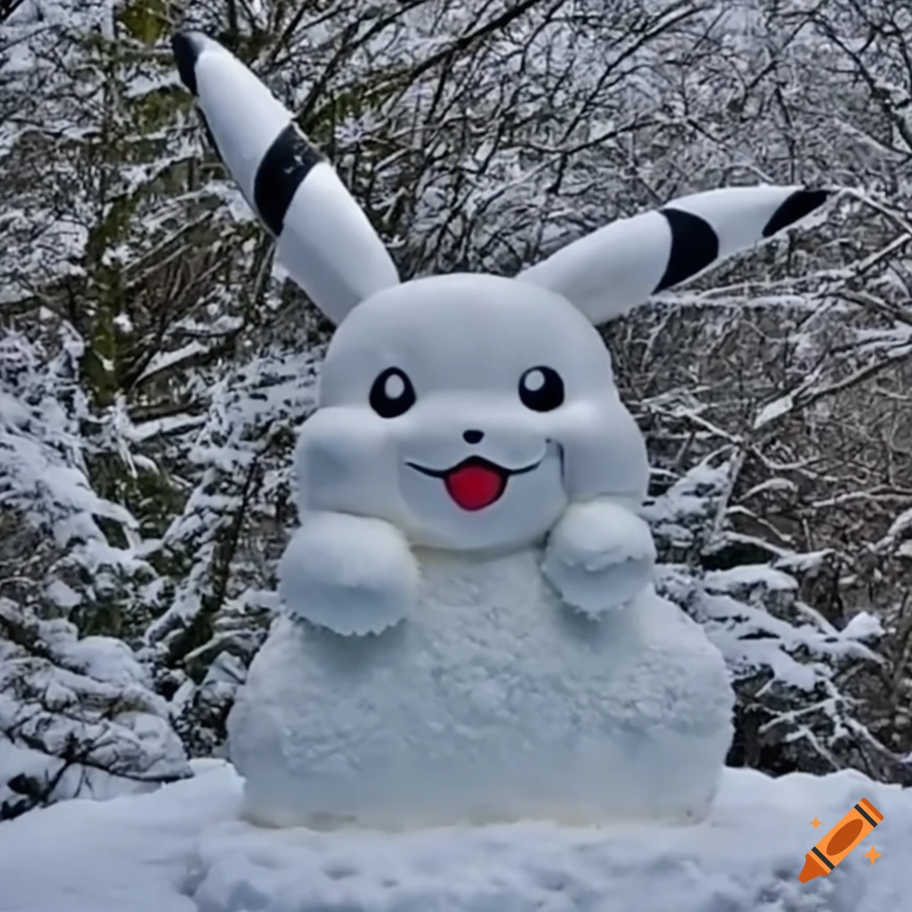 Pikachu snow sculpture in a raw, realistic photography style on Craiyon