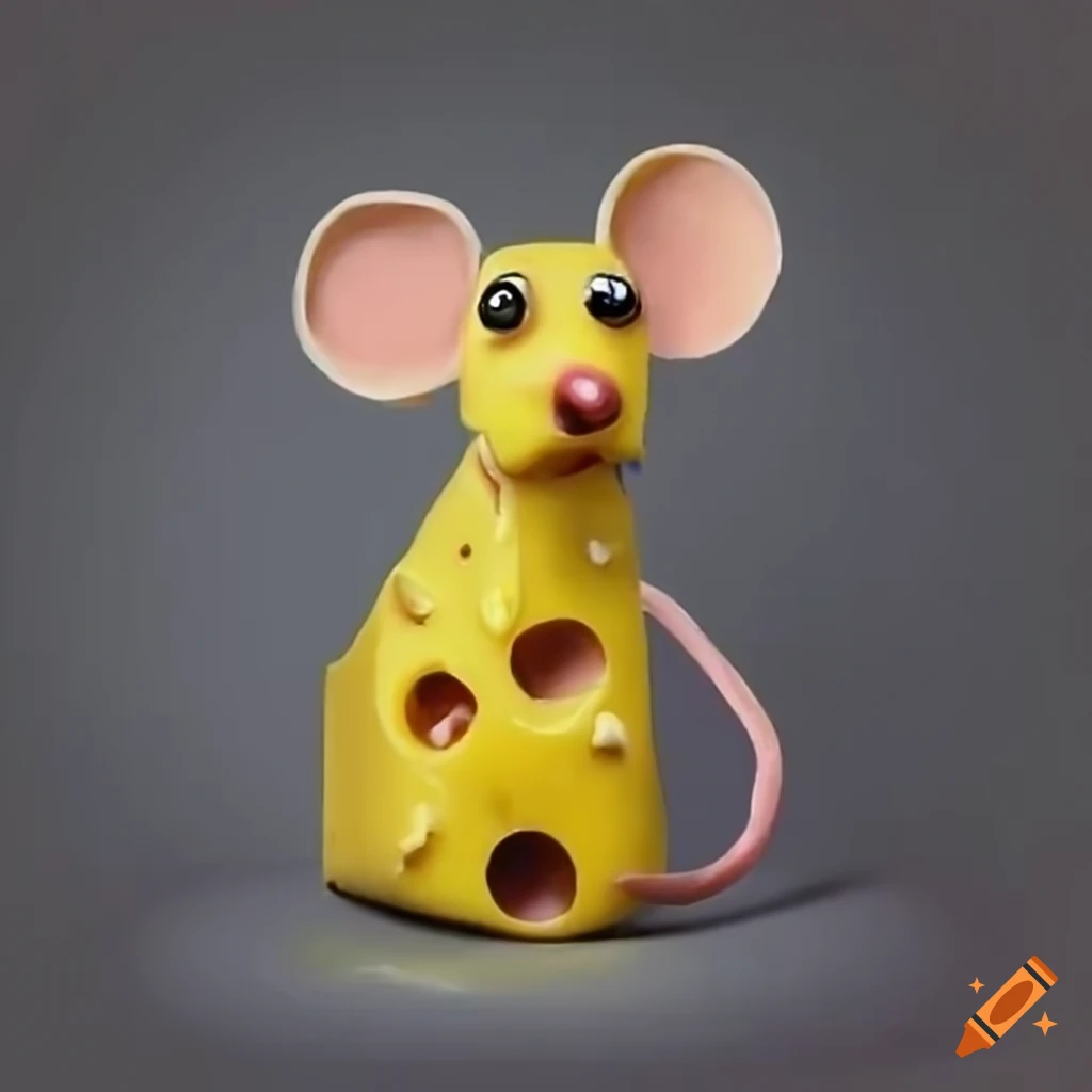 Scared cheese-shaped yellow mouse with cheese features in oil painting ...