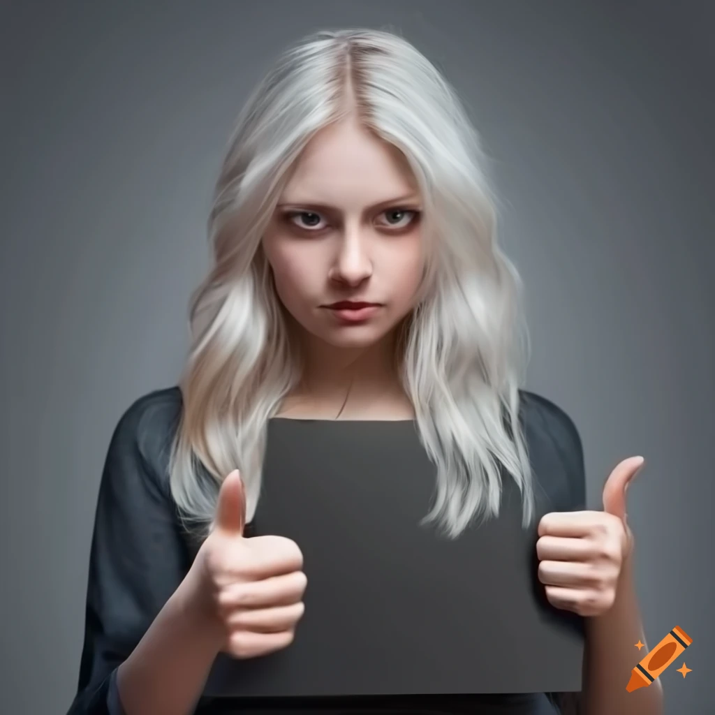 Blonde woman with black book showing thumbs up gesture on Craiyon