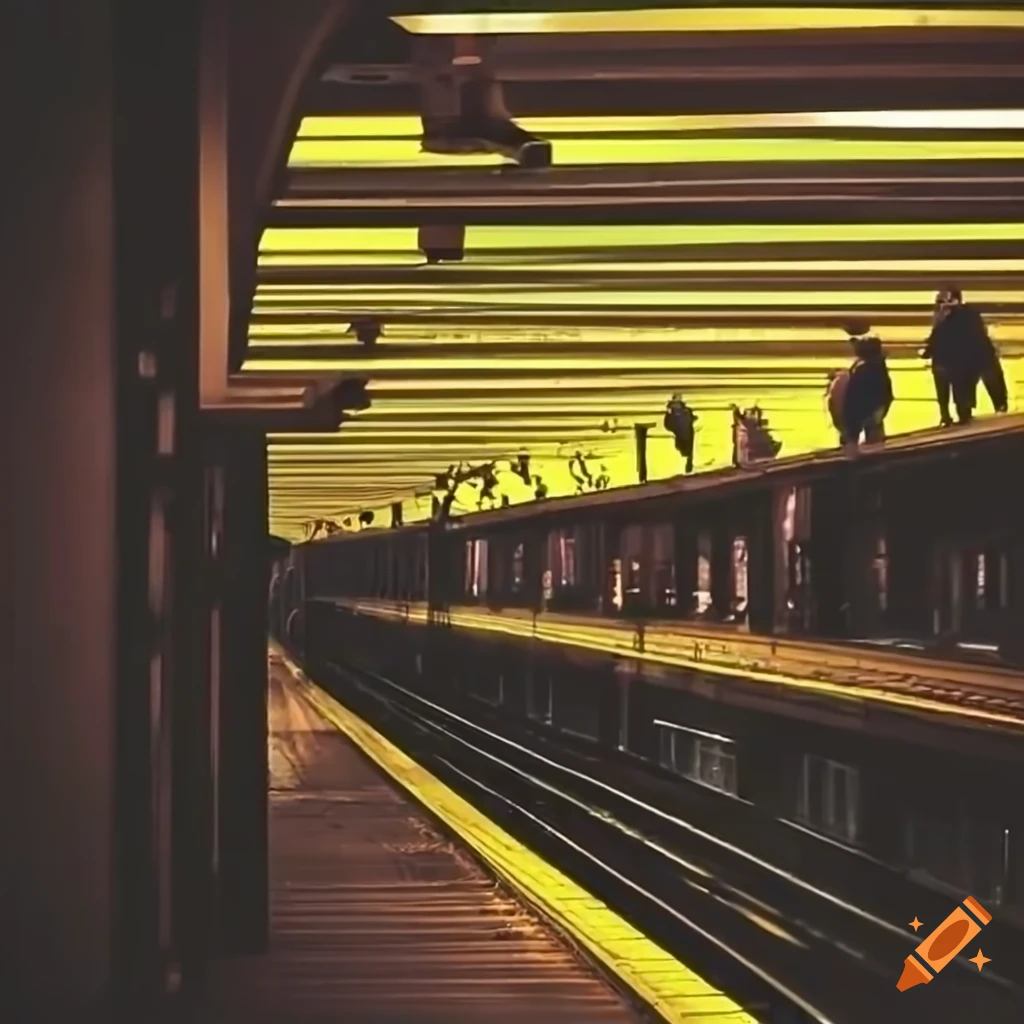 Subway platform view in yellow lighting, tracks running from left to ...
