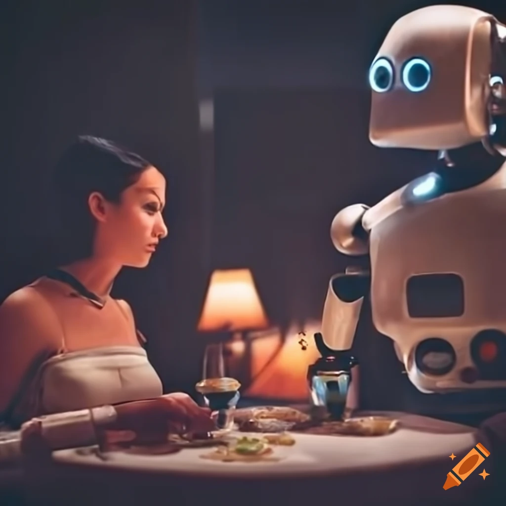 Robot and woman dining in a vintage sci-fi restaurant scene on Craiyon