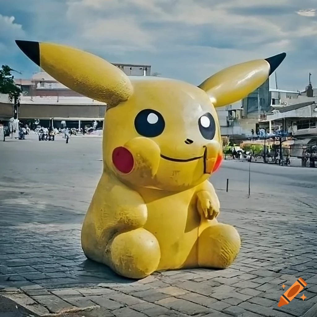 Stone statue of Pikachu in the center of a street on Craiyon