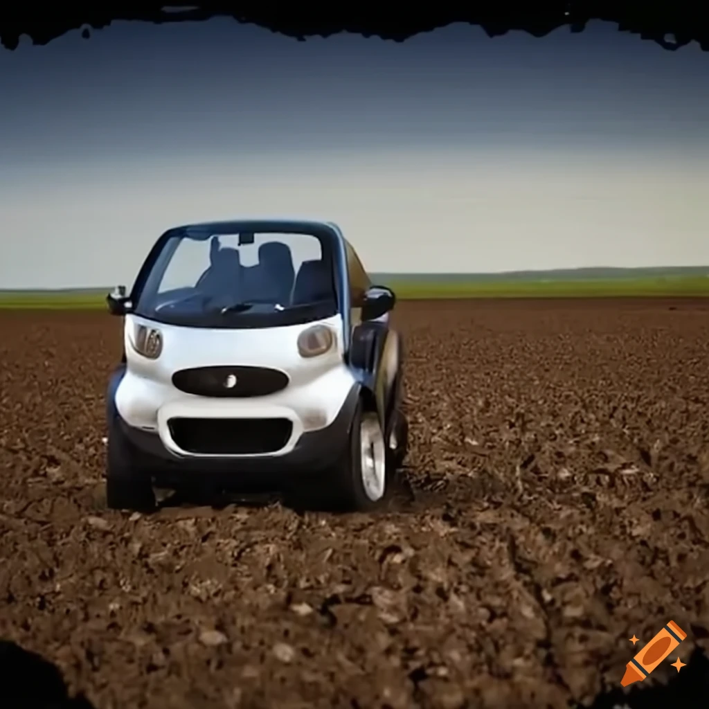 Smart car ploughing a field with attached plough trailer on Craiyon