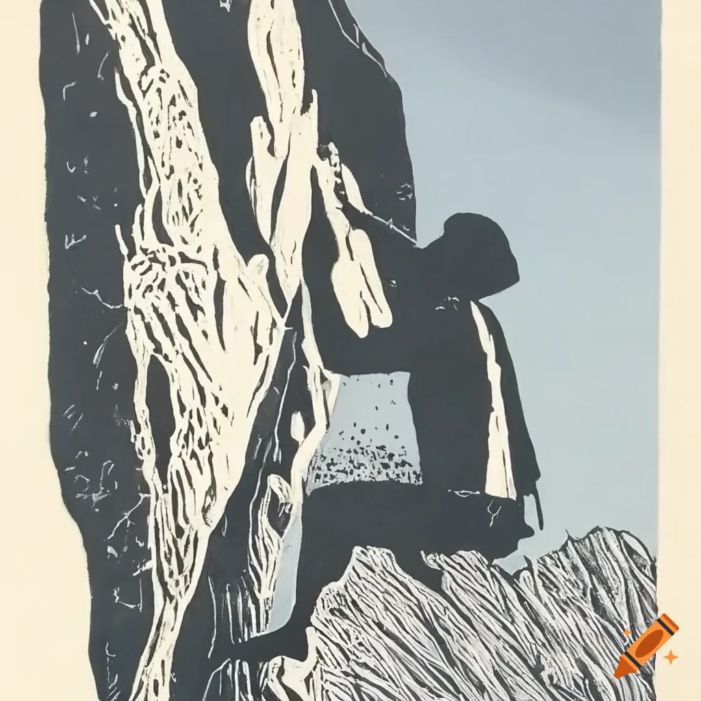 Two rock climbers in a linocut style on Craiyon