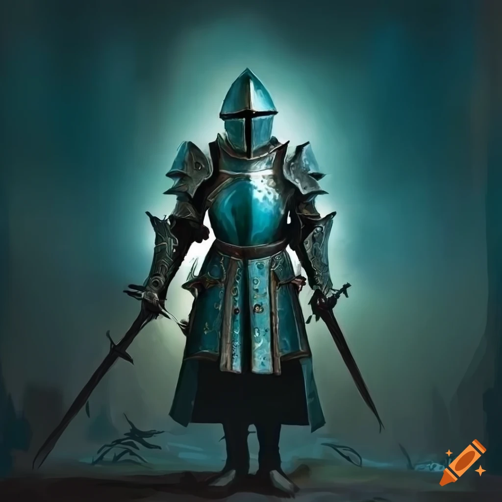 Heavily armored knight in silver armor against an ethereal landscape on ...