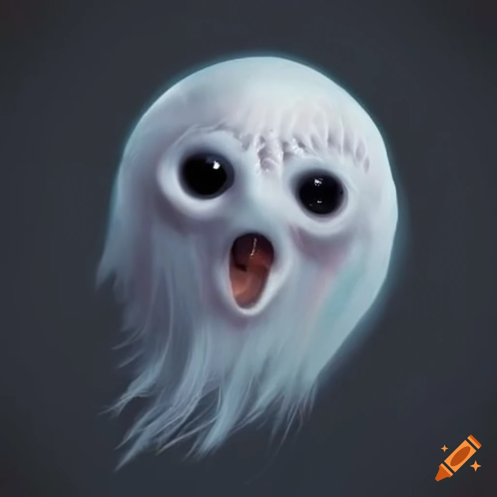 Round ghost with black eyes and spiky teeth grinning on Craiyon