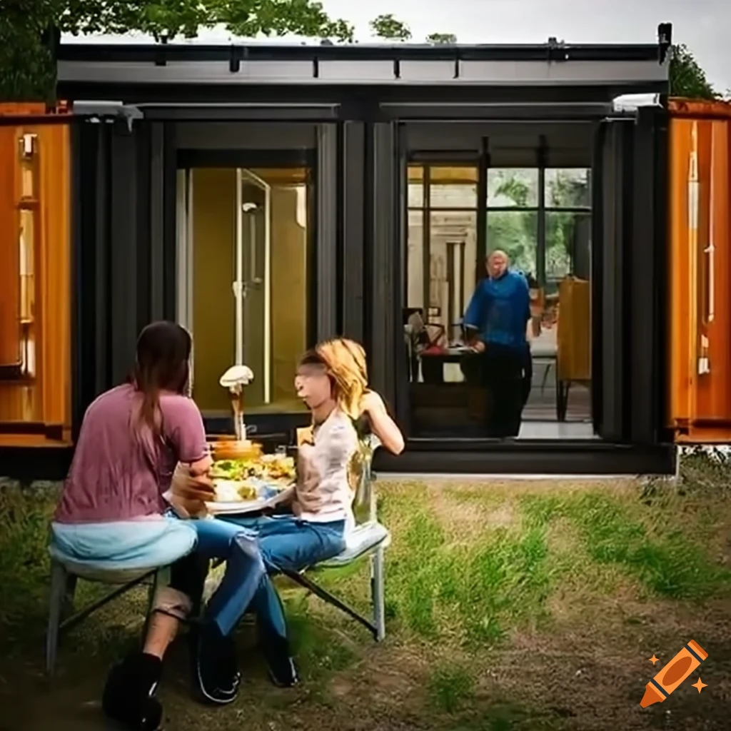 Innovative container home with people dining outside in a garden ...