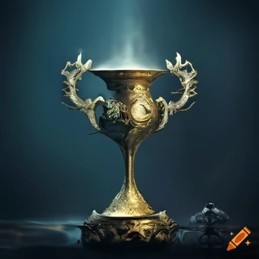 Ornate trophy surrounded by mist in the darkness on Craiyon