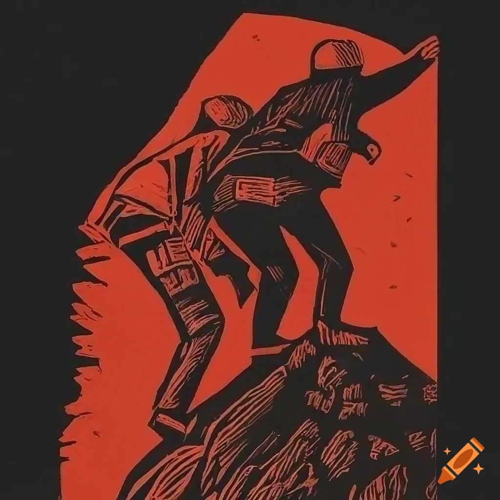 Two rock climbers in a linocut art style on Craiyon