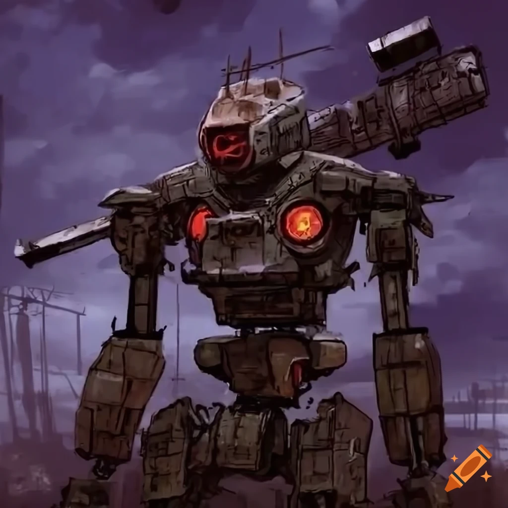 Damaged brutalist style communist mecha anime mech in a cyberpunk ...