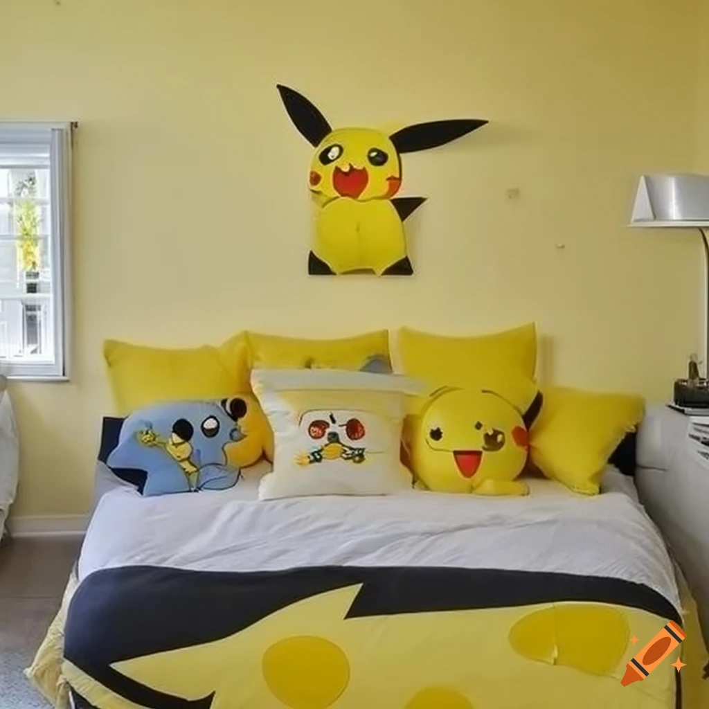 Pikachu-themed bedroom with yellow walls and Pikachu-style bed on Craiyon