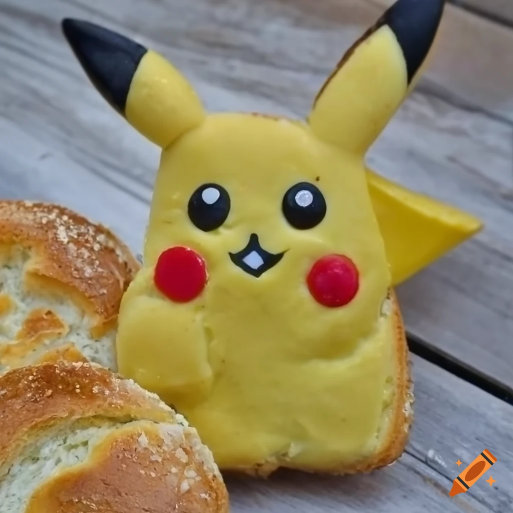 Pikachu-shaped bread on a table on Craiyon