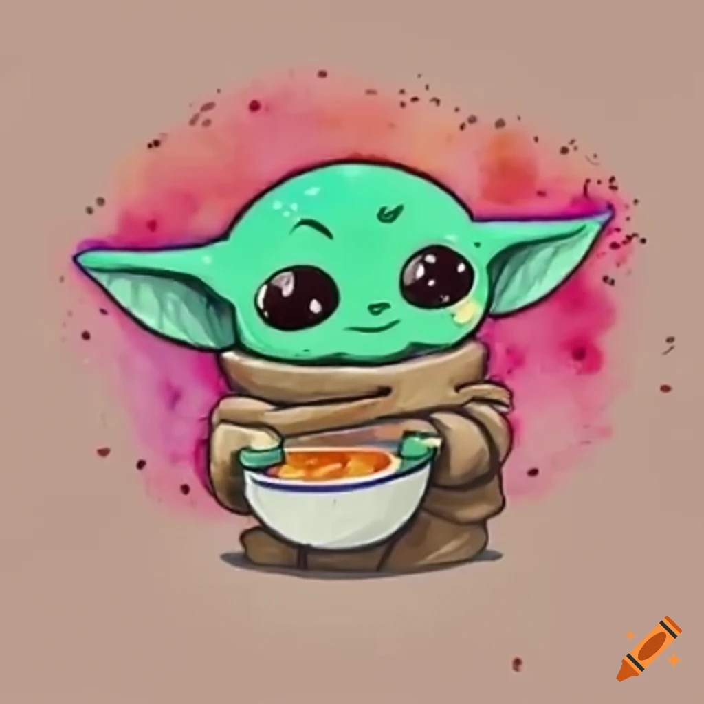 Grogu happily eating ramen in a studio ghibli style emote on Craiyon