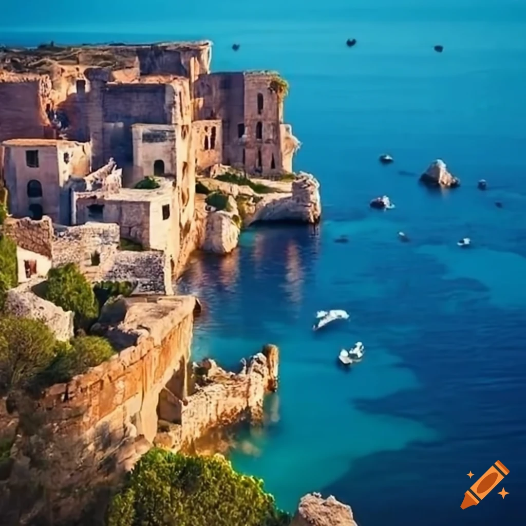 Exploring mediterranean ancient ruins by the sea on Craiyon