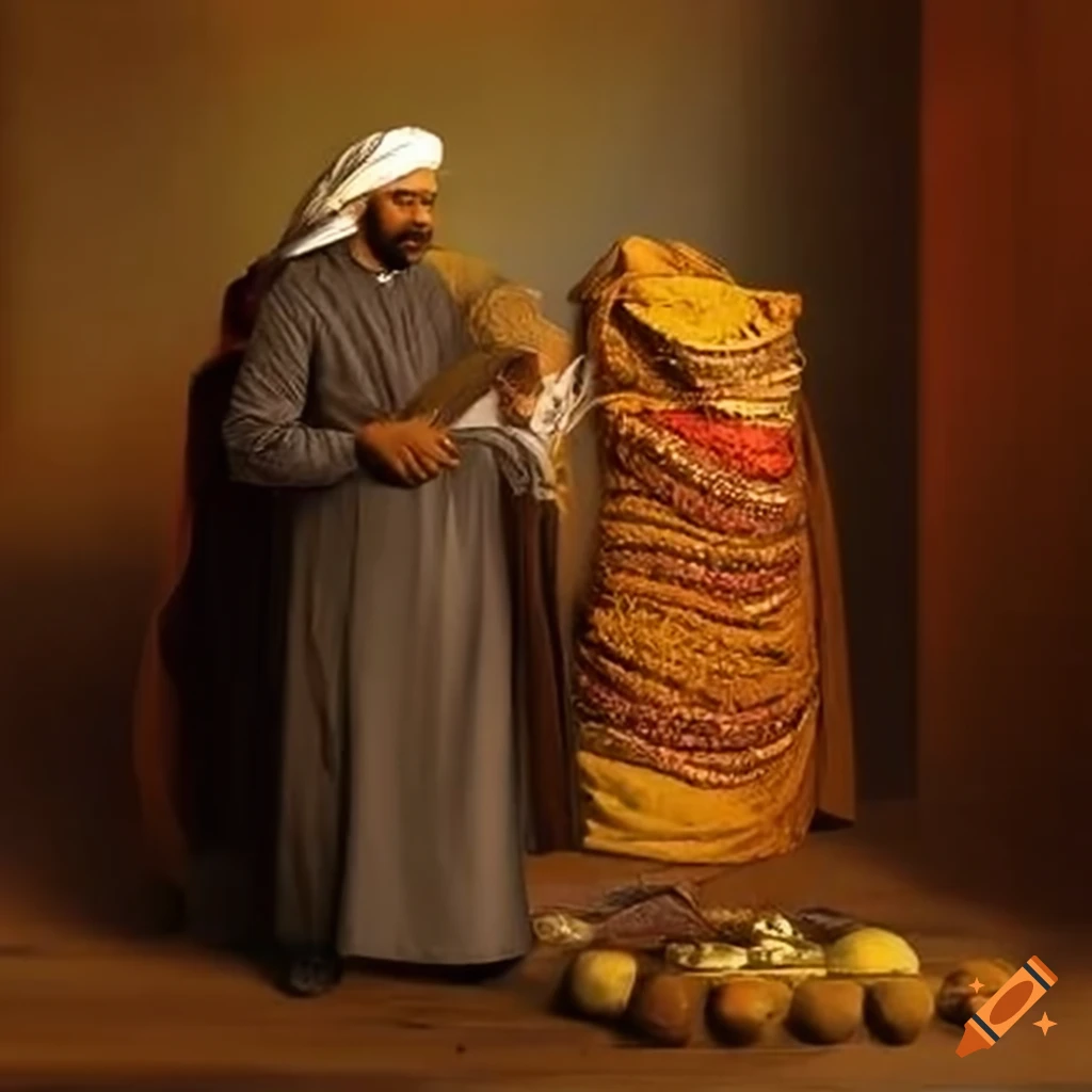 Middle Eastern merchant selling spices and textiles on Craiyon