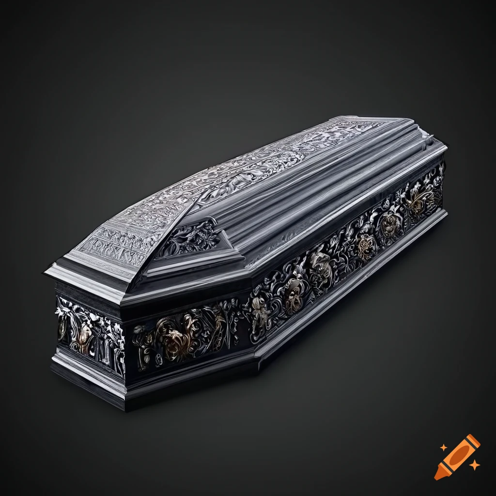 Gothic coffin with intricate details against a plain white backdrop on ...
