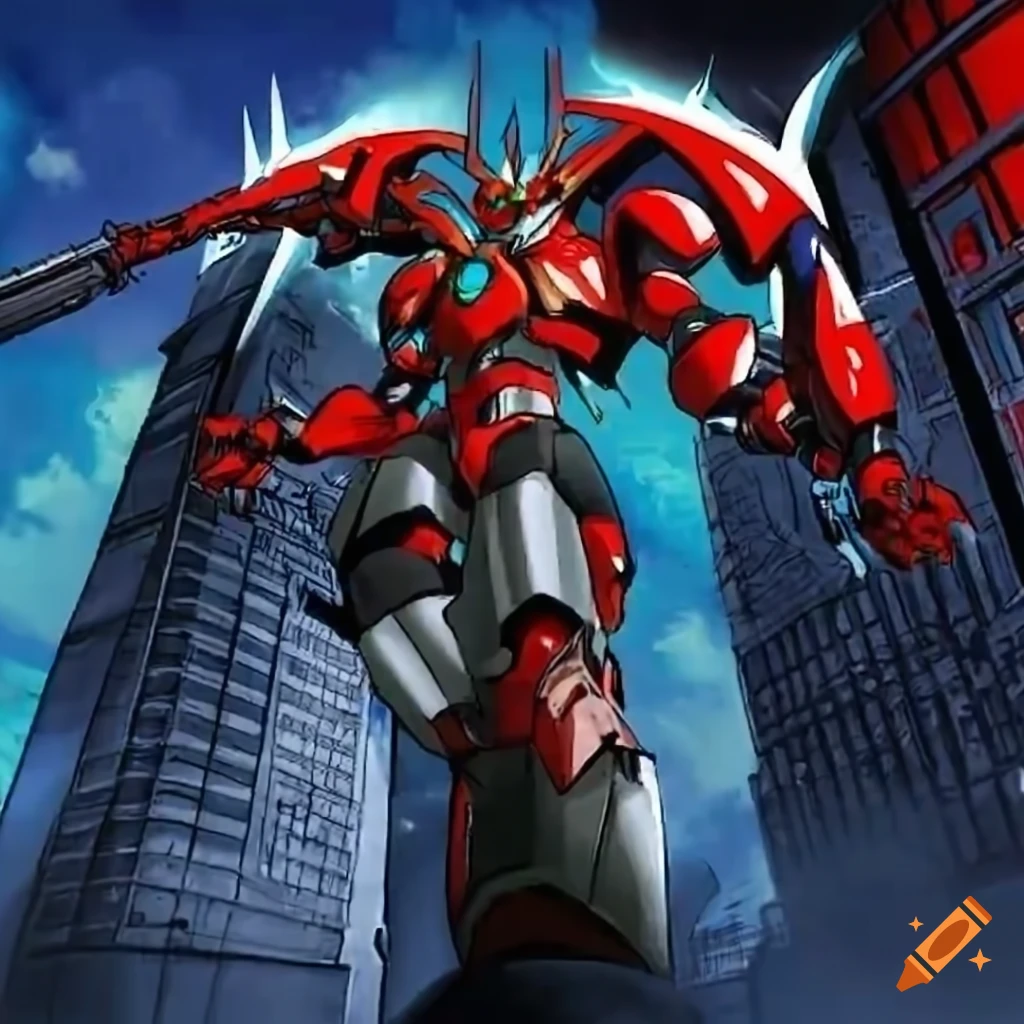Giant robot piloted by a human in a dynamic battle pose against a ...