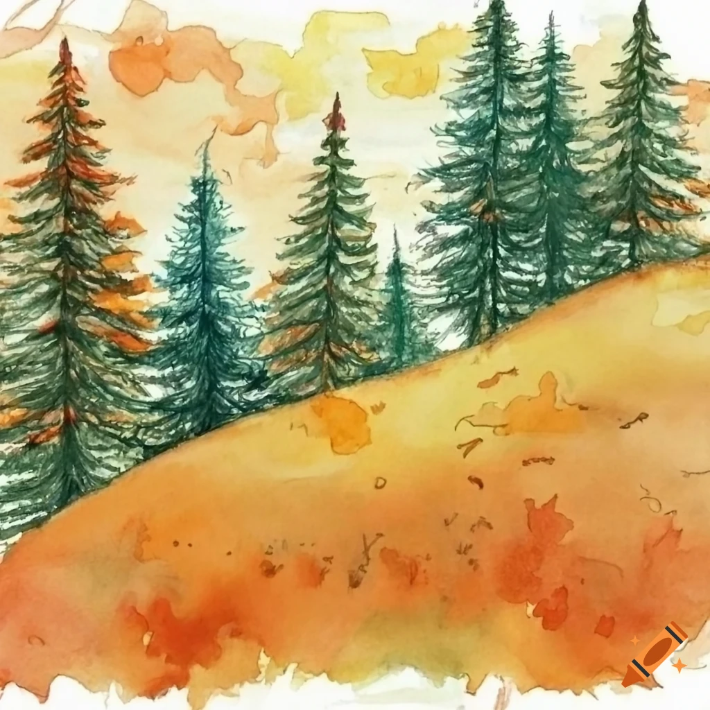 Autumn pine trees on a hill drawn in colored pencil on Craiyon