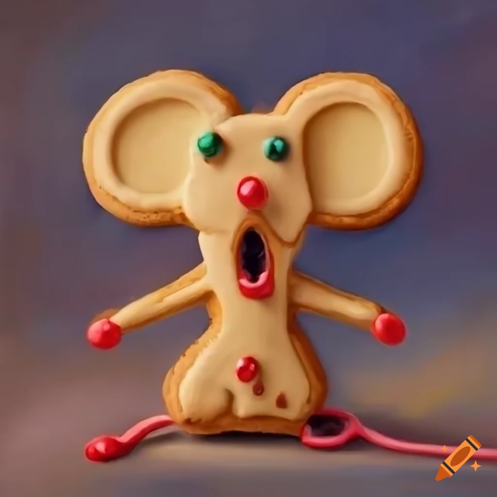 Scared storybook cookie shaped mouse in oil painting style on Craiyon